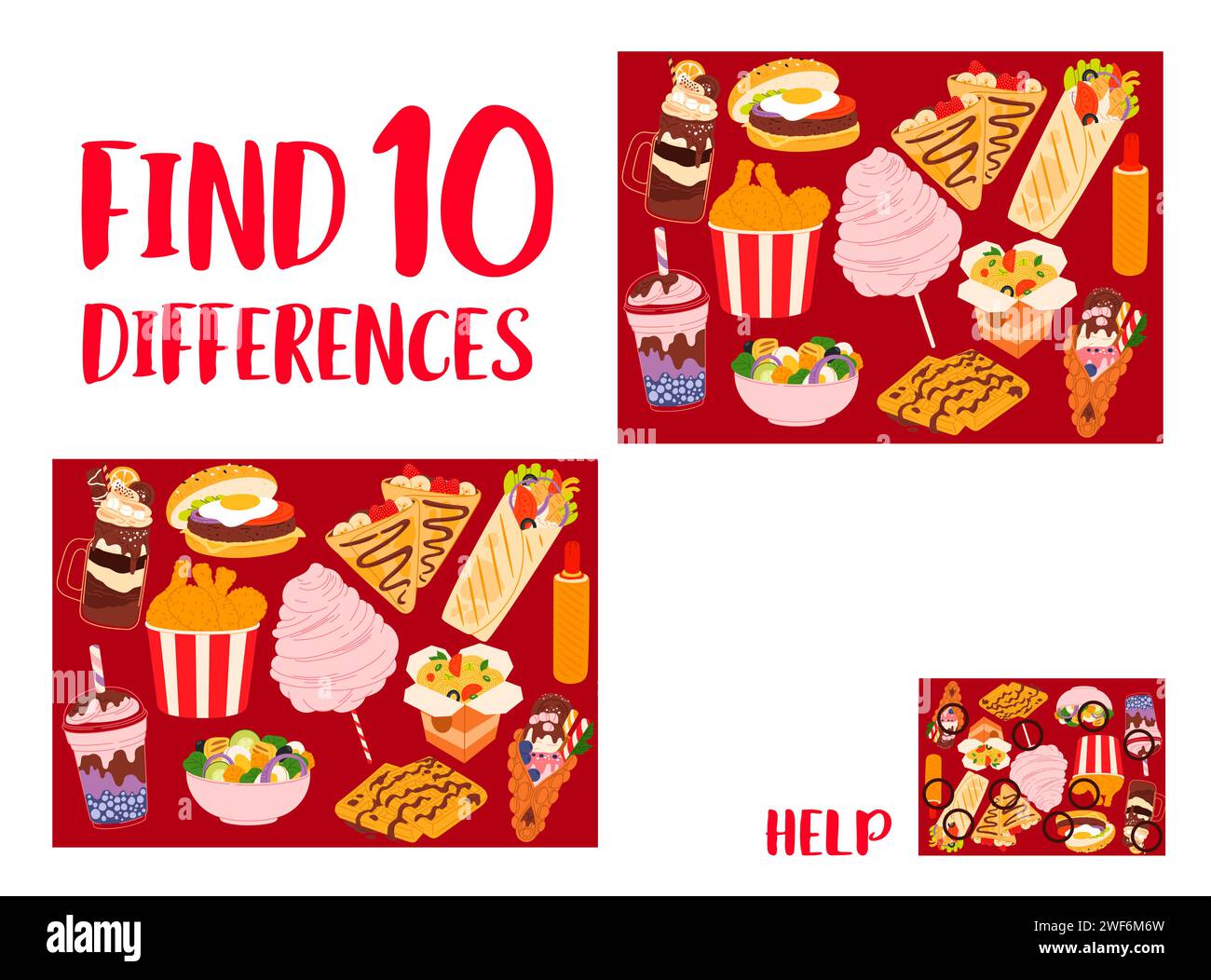 Find ten differences of fast food, desserts and drinks vector game ...