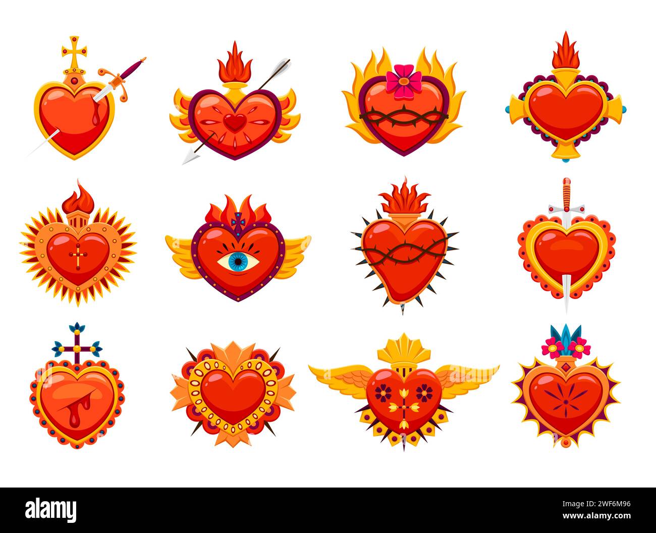 Mexican sacred hearts. Cartoon vector set of vibrant and intricate ...