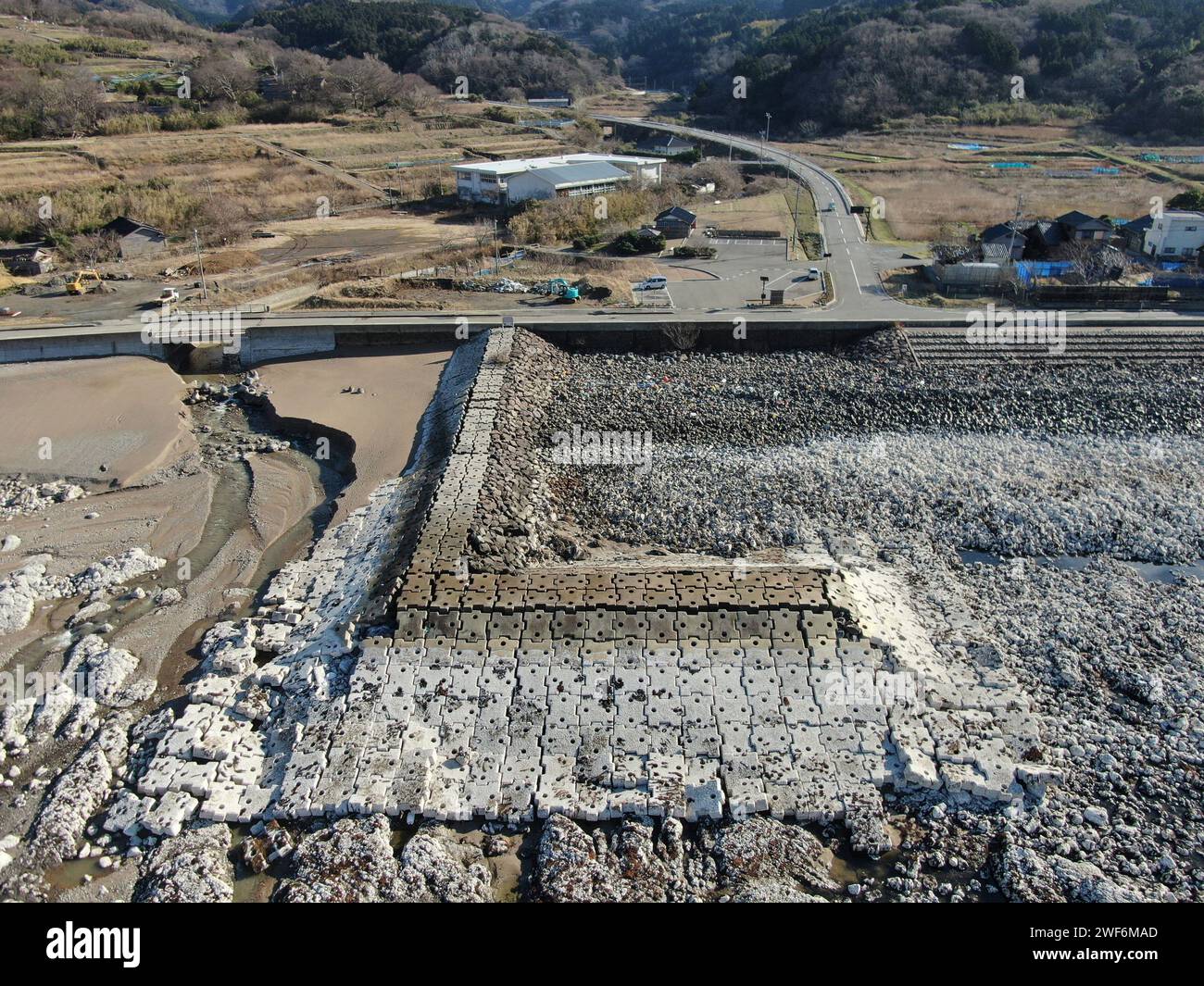 A drone photo shows a bay raised due to a massive earthquake in Wajima ...
