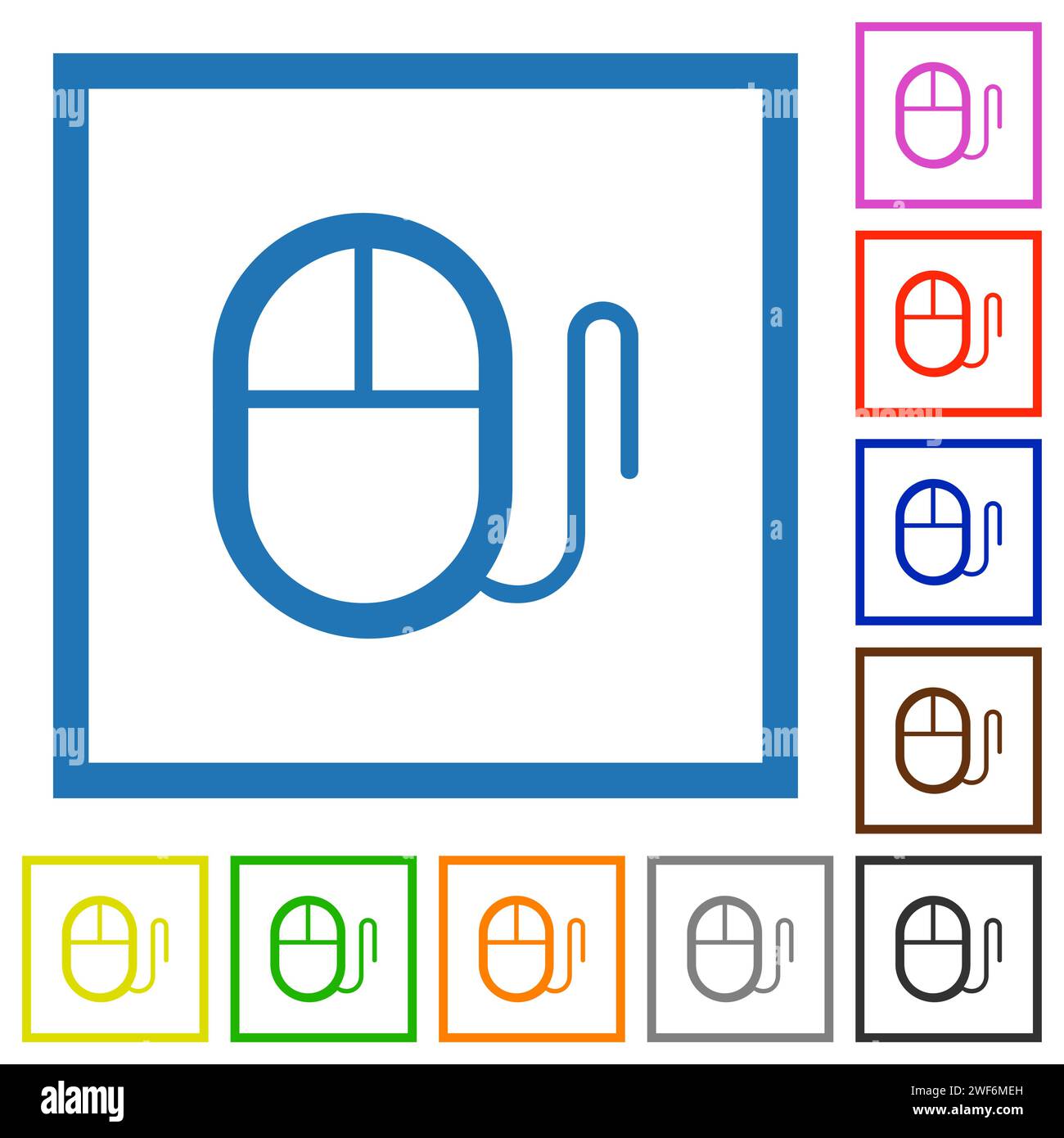 Computer mouse with cord outline flat color icons in square frames on ...