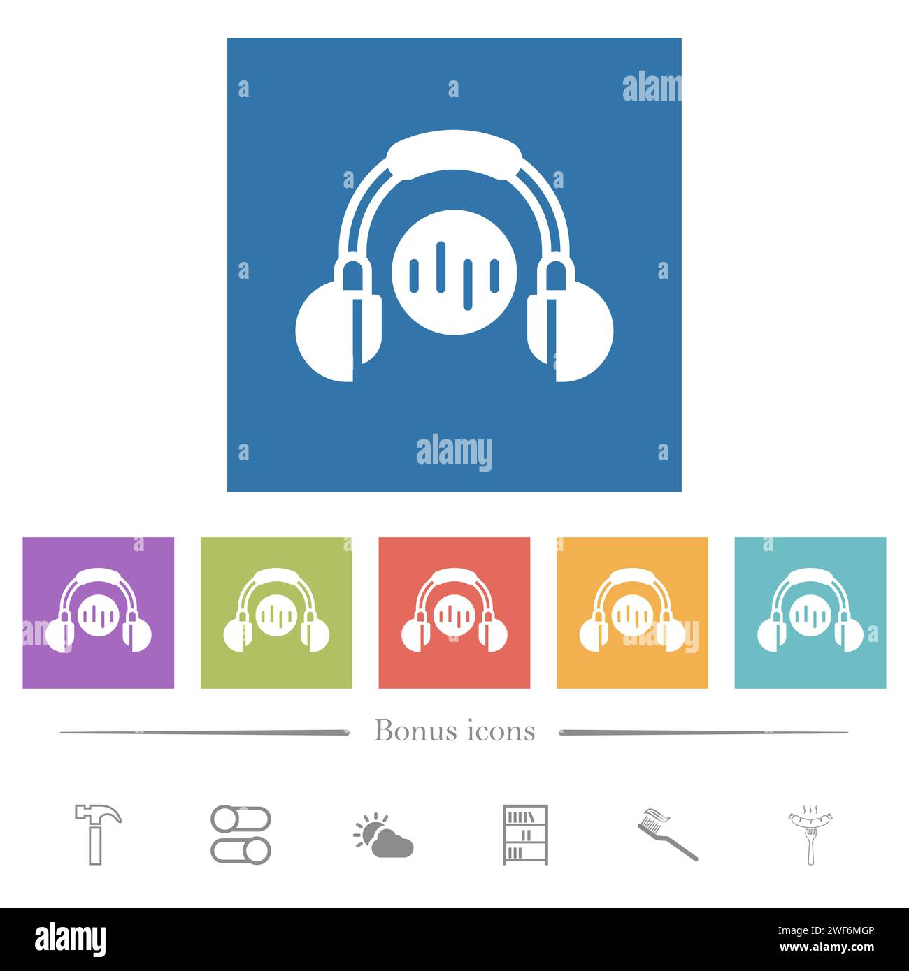 Music listening flat white icons in square backgrounds. 6 bonus icons ...
