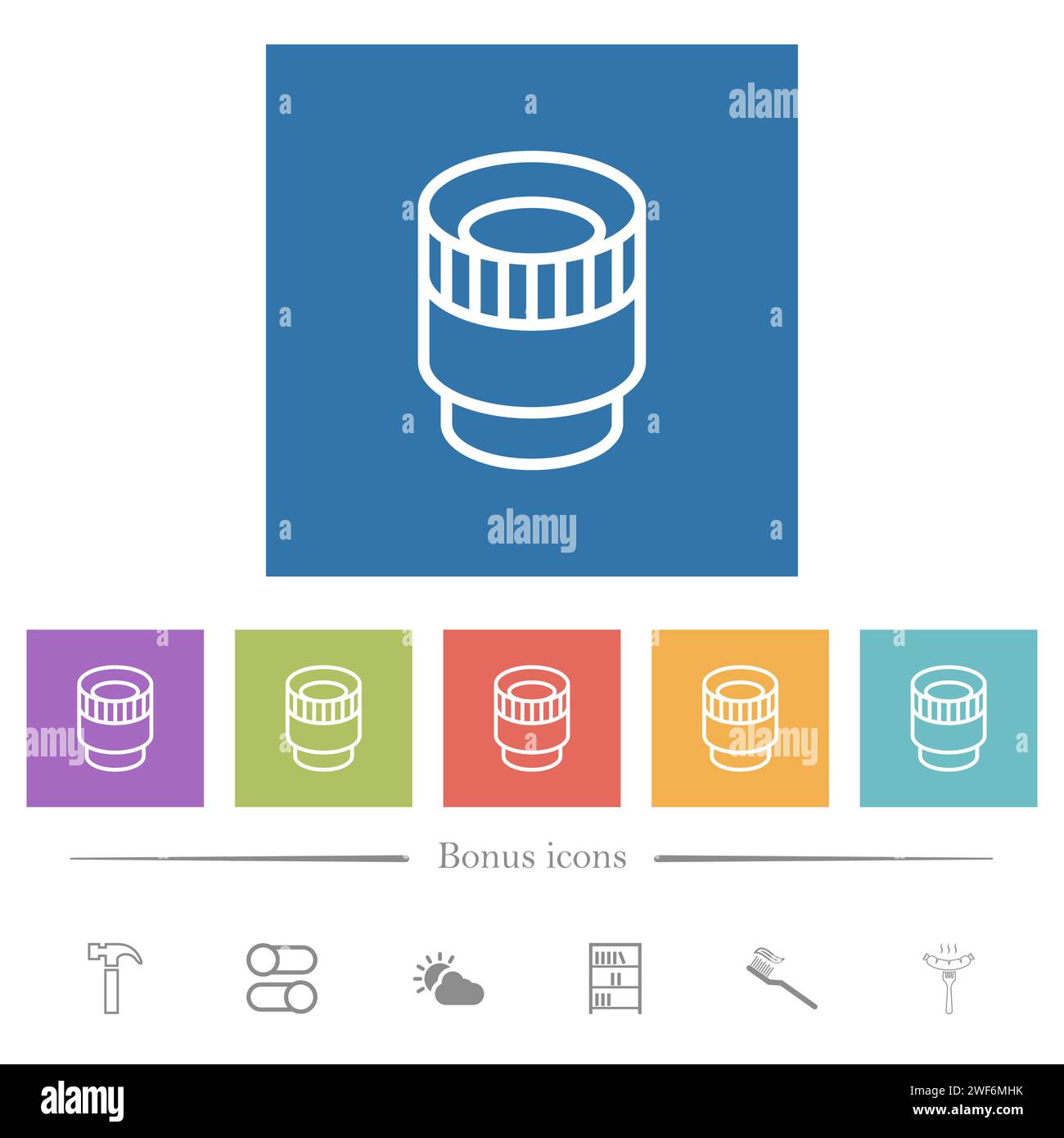 Camera lens outline flat white icons in square backgrounds. 6 bonus ...