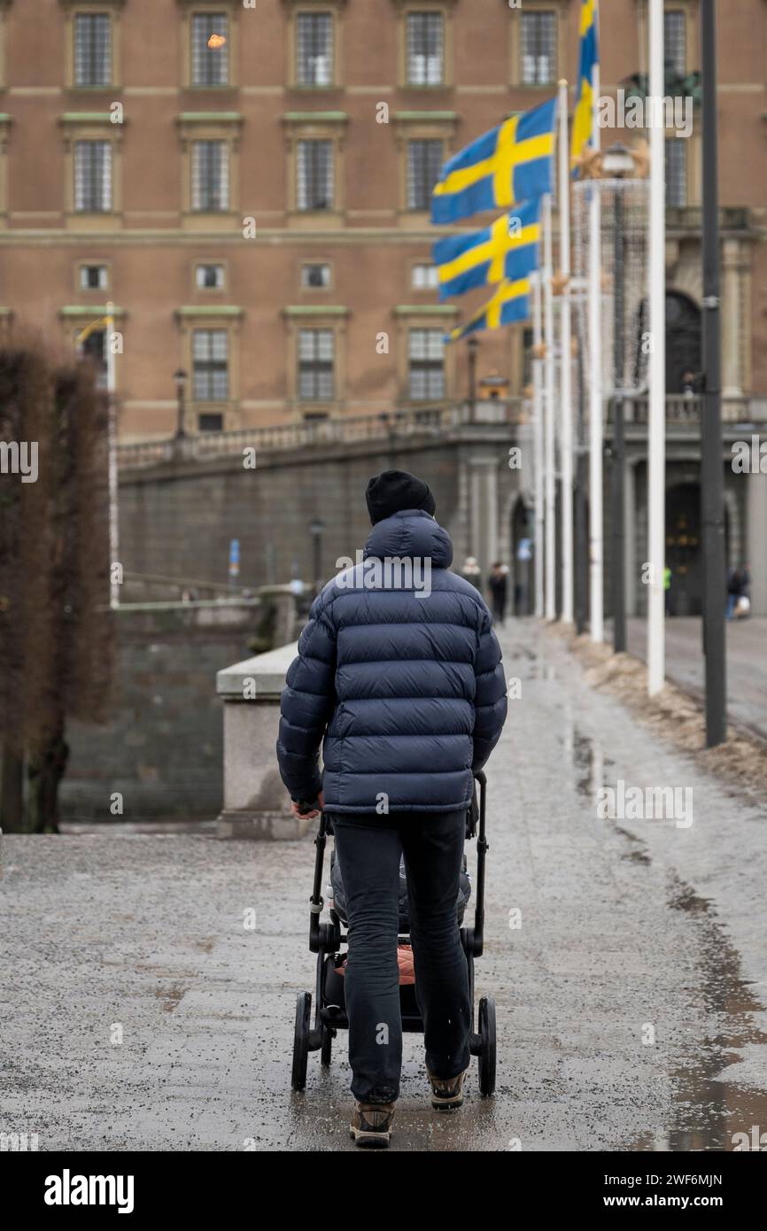 This photo shows the Swedish and European flags in front of the Swedish ...