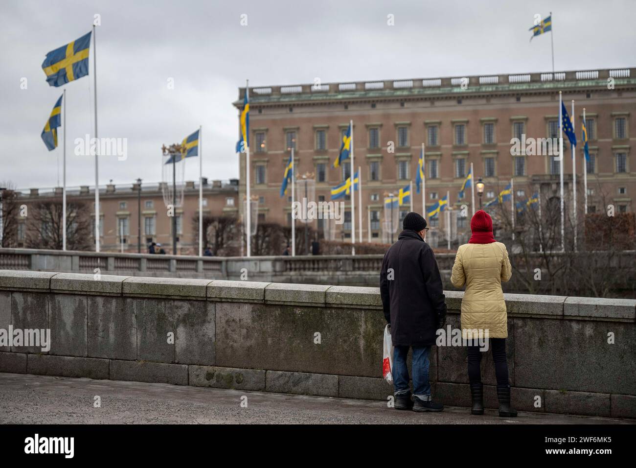 This photo shows the Swedish and European flags in front of the Swedish ...