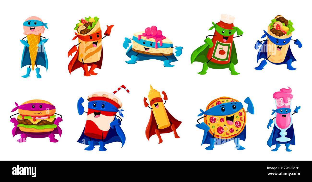 Cartoon fast food superhero characters. Vector energetic personages ice ...