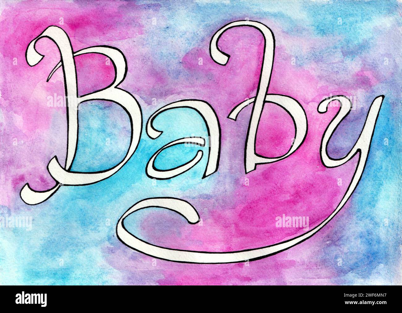 The word Baby in white with a black outline on a watercolor background ...