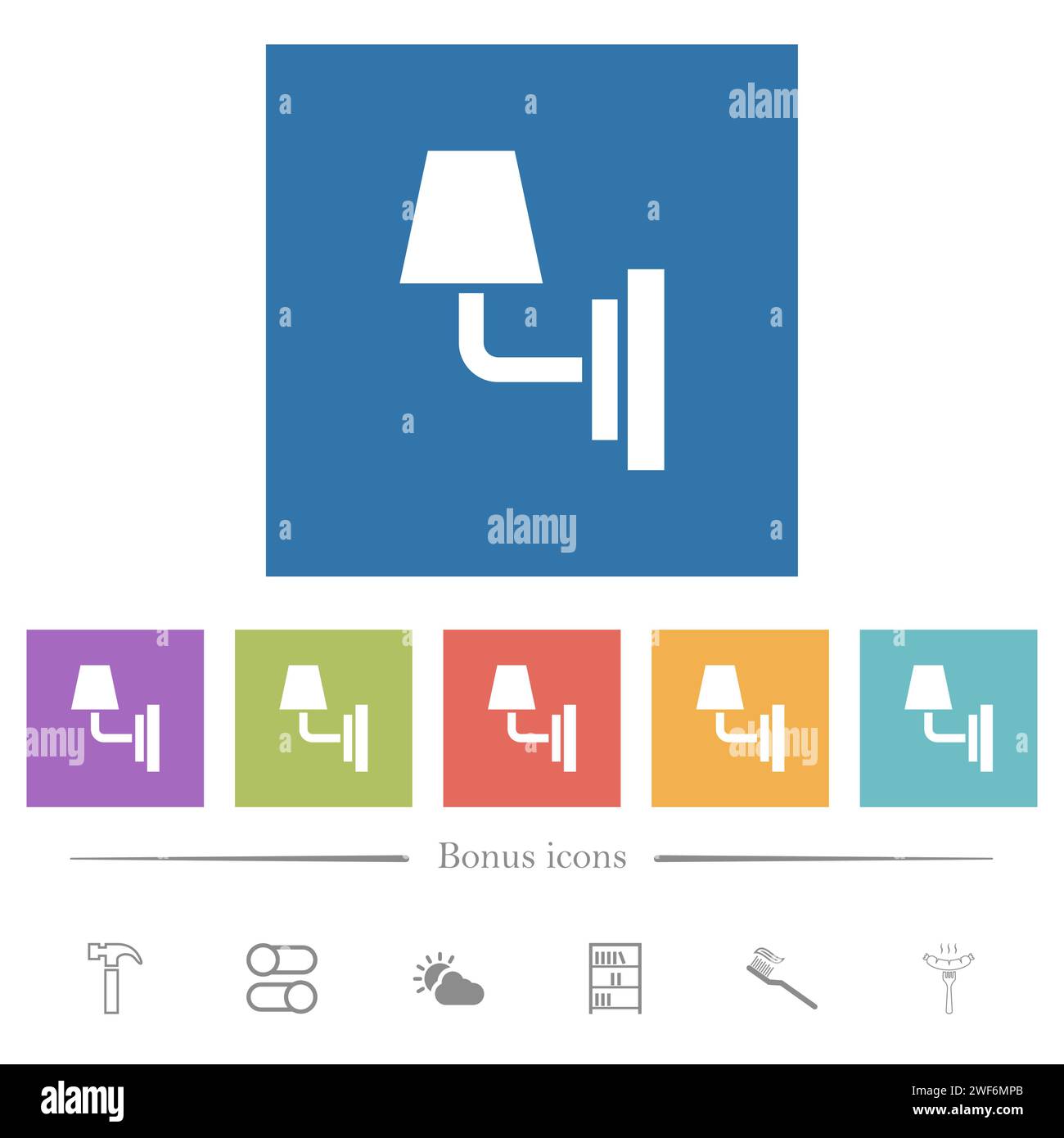 Wall lamp flat white icons in square backgrounds. 6 bonus icons ...