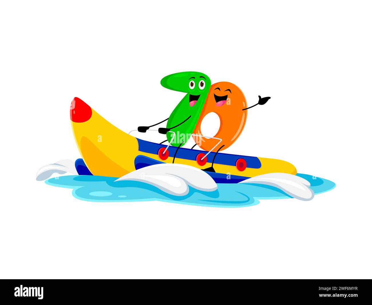 Cartoon cheerful math number ten character joyfully ride banana boat on ...