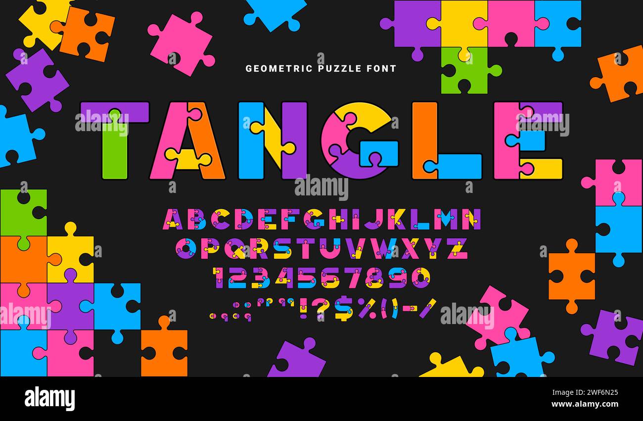 Puzzle game font, quiz type, jigsaw typeface, geometric English ...