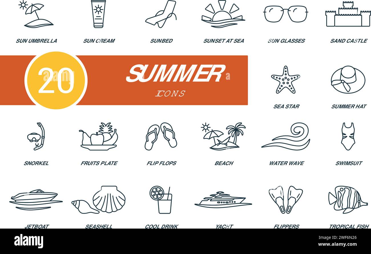 Summer outline icons set. Creative icons: sun umbrella, sun cream ...