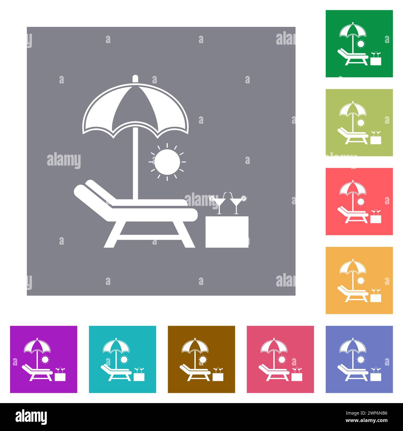 Beach sunbed umbrella cocktail flat icons on simple color square backgrounds Stock Vector Image ...