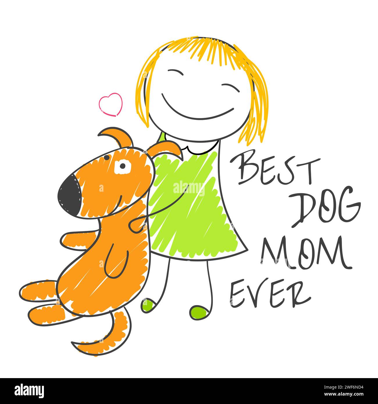 Dog Mom t shirt design with little girl and cute puppy. Sketch in hand ...