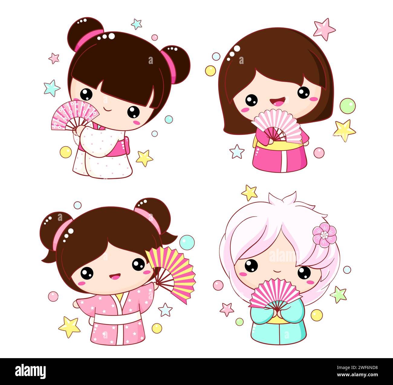 Set of cute little girls with fans in kawaii style. Hanami season ...