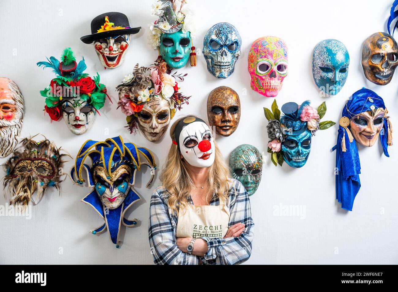 Edinburgh mask maker Lorraine Pritchard alongside some of her Venetian ...