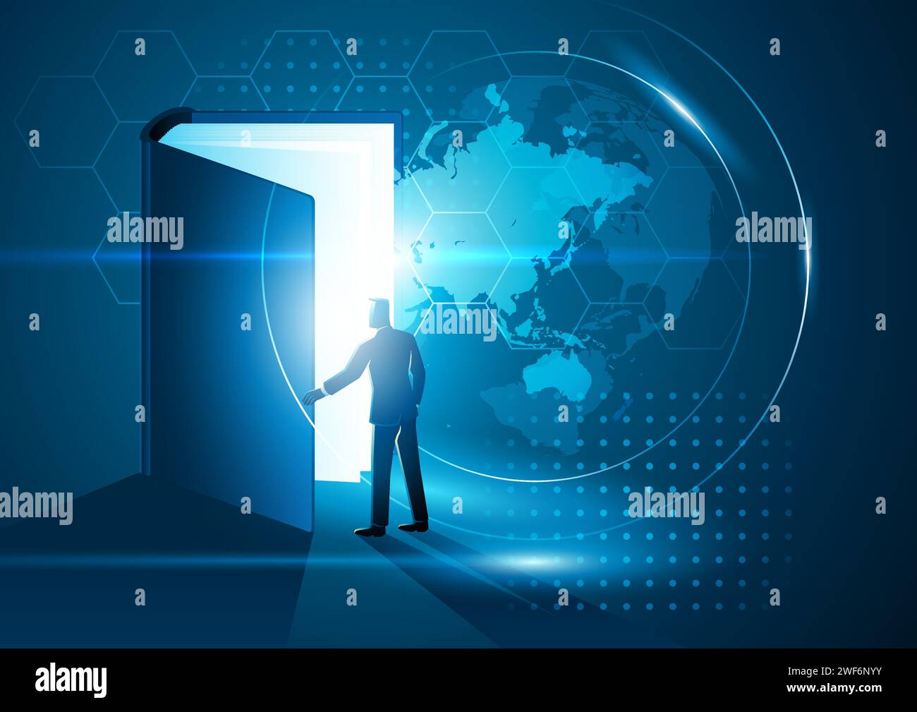 Vector illustration of a man opening a giant book with futuristic ...