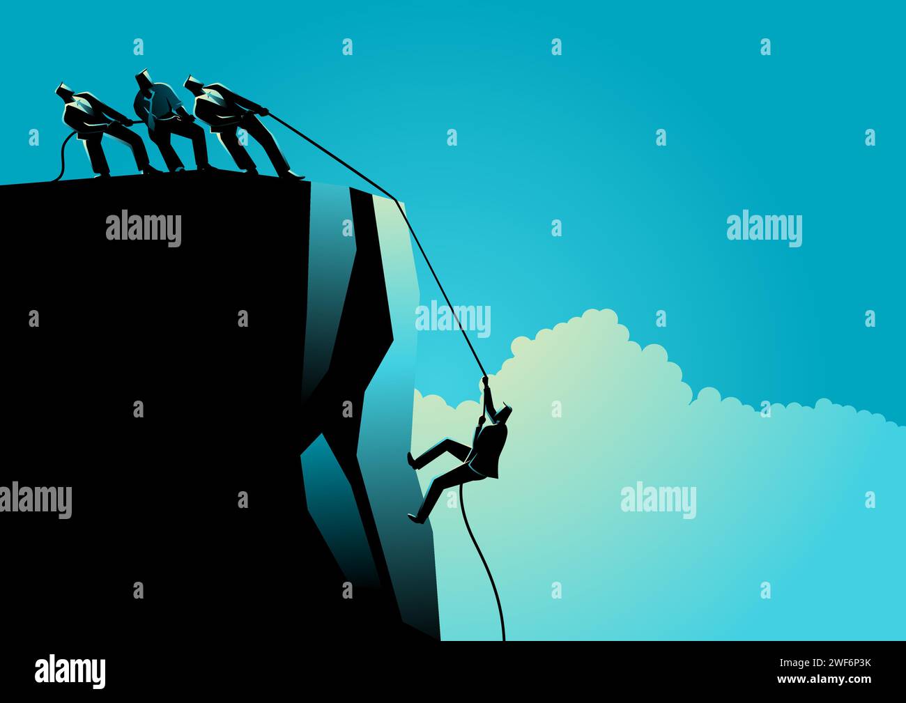 Businessmen helping their friend climbing the rock, teamwork ...