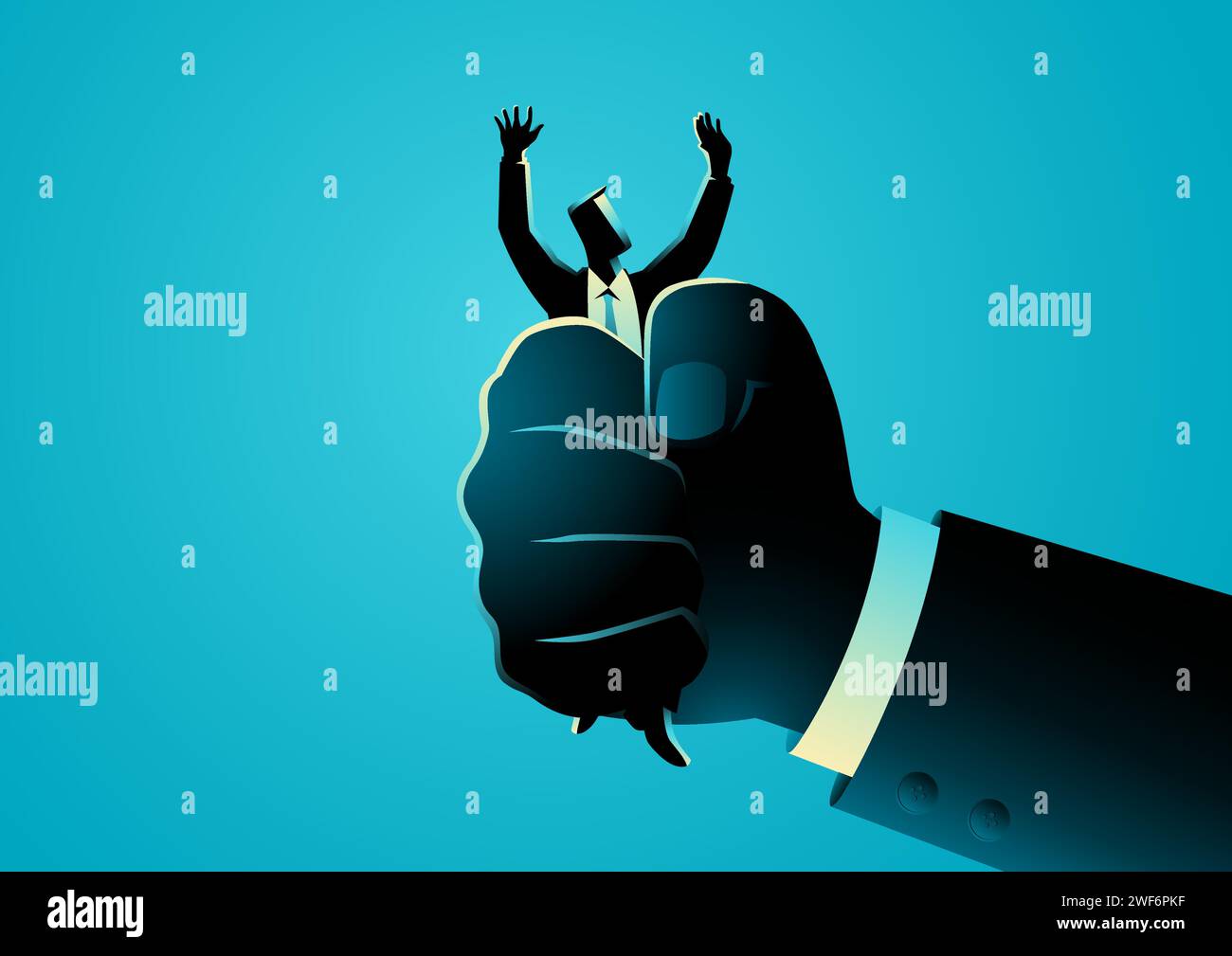 Business concept illustration of giant hand squeezes a businessman ...
