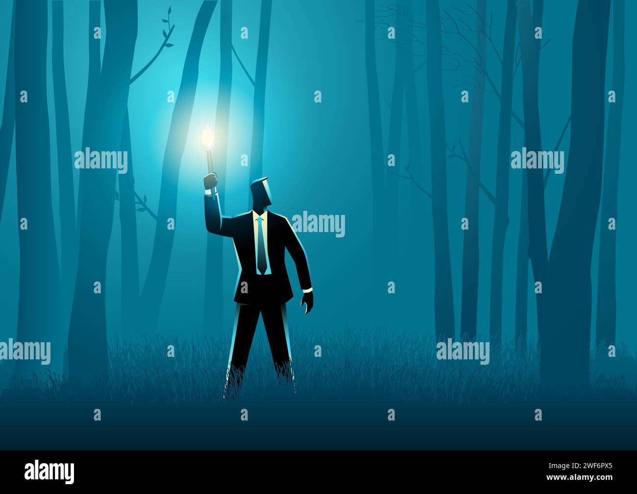 Business concept illustration of a businessman walking with torch in ...