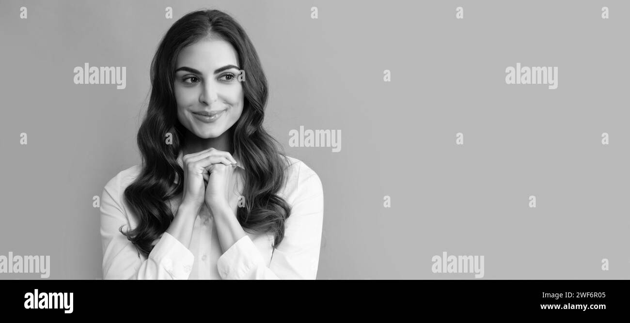 Think positive. Happy woman think smiling. Thoughtful career girl grey ...