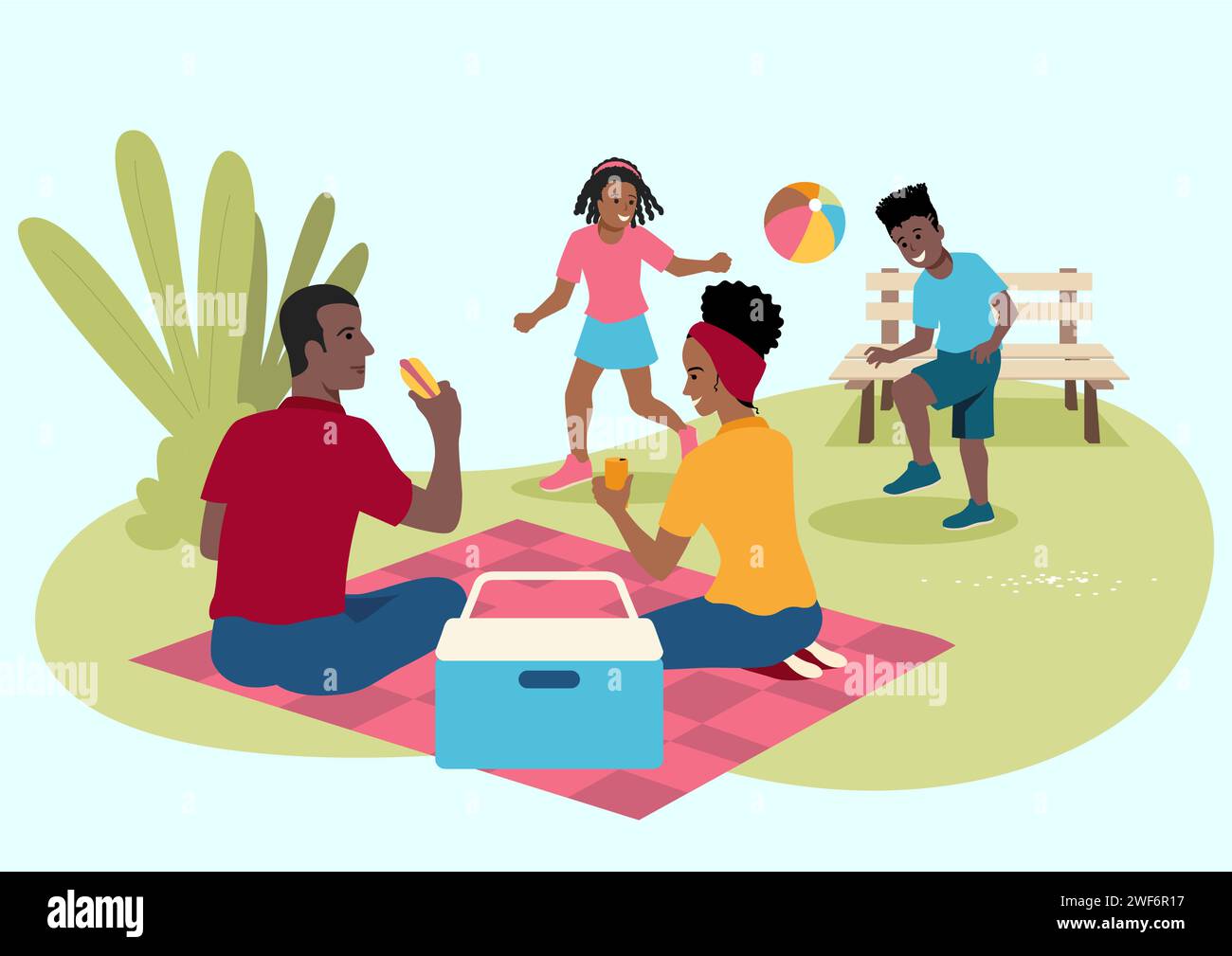 Simple flat vector illustration of happy black family on picnic Stock ...