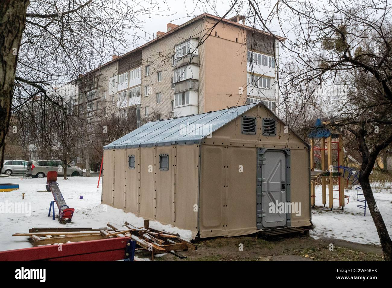 BUCHA, UKRAINE - JANUARY 24, 2024 - A heating point, equipped with a ...