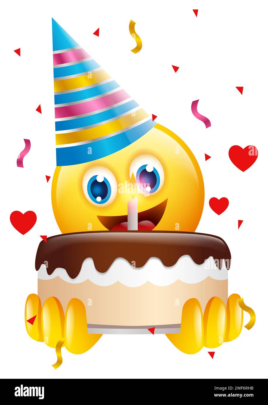 Emoticon face wears birthday hat holding a cake, vector illustration ...