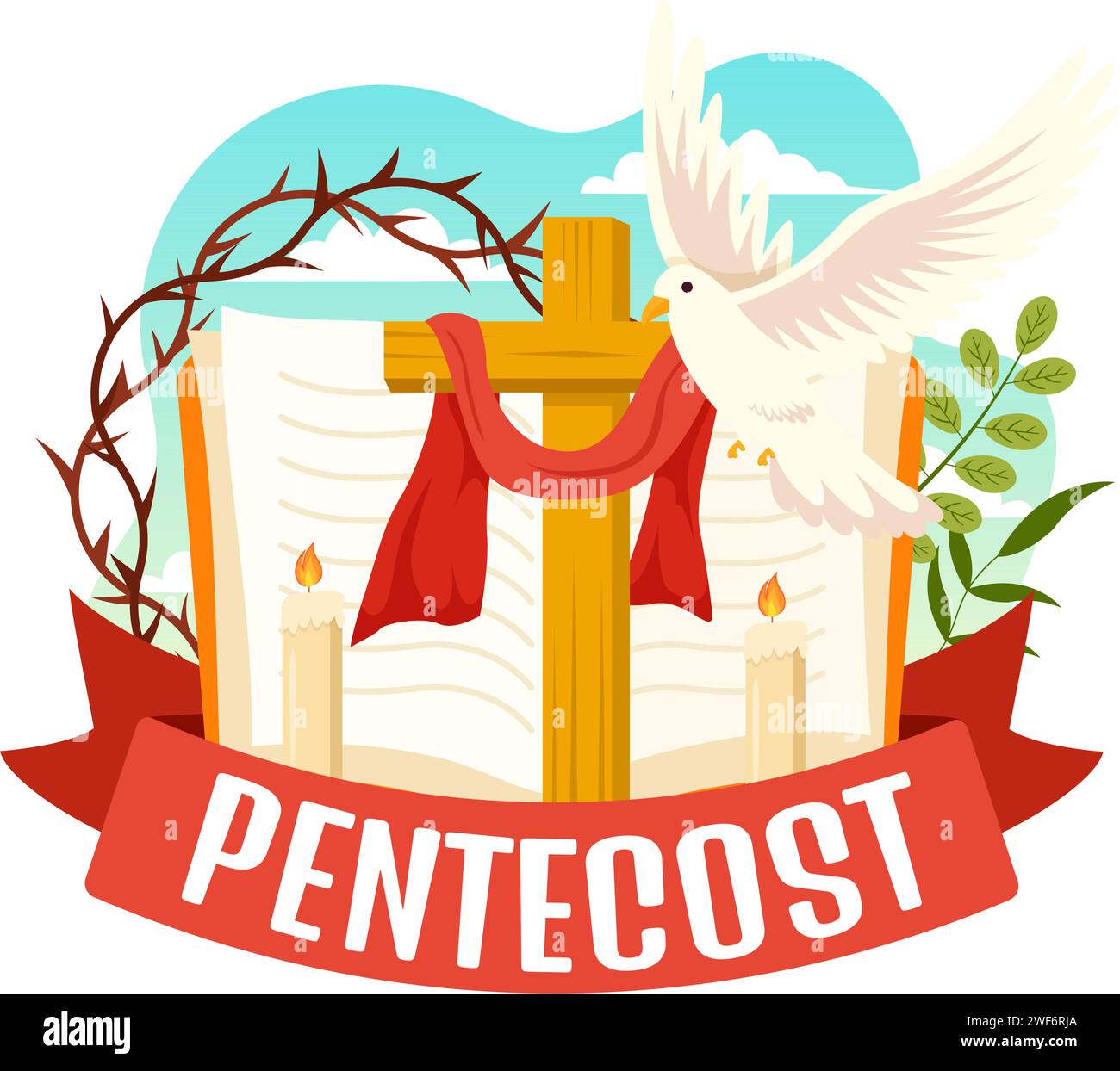 Pentecost Sunday Vector Illustration with Flame and Holy Spirit Dove in ...