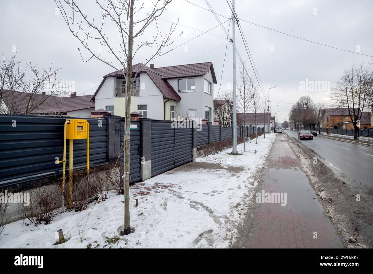 BUCHA, UKRAINE - JANUARY 24, 2024 - Vokzalna Street, which suffered the ...
