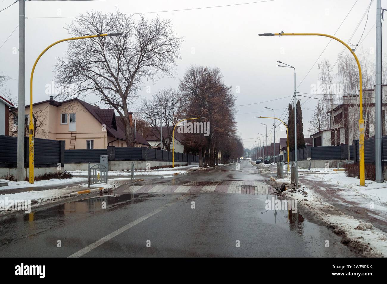 BUCHA, UKRAINE - JANUARY 24, 2024 - Vokzalna Street, which suffered the ...