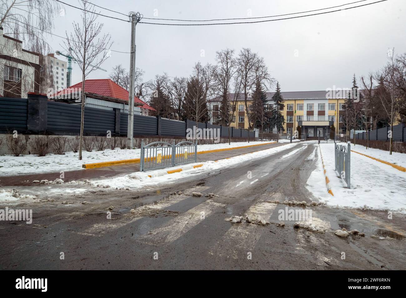 BUCHA, UKRAINE - JANUARY 24, 2024 - Vokzalna Street, which suffered the ...