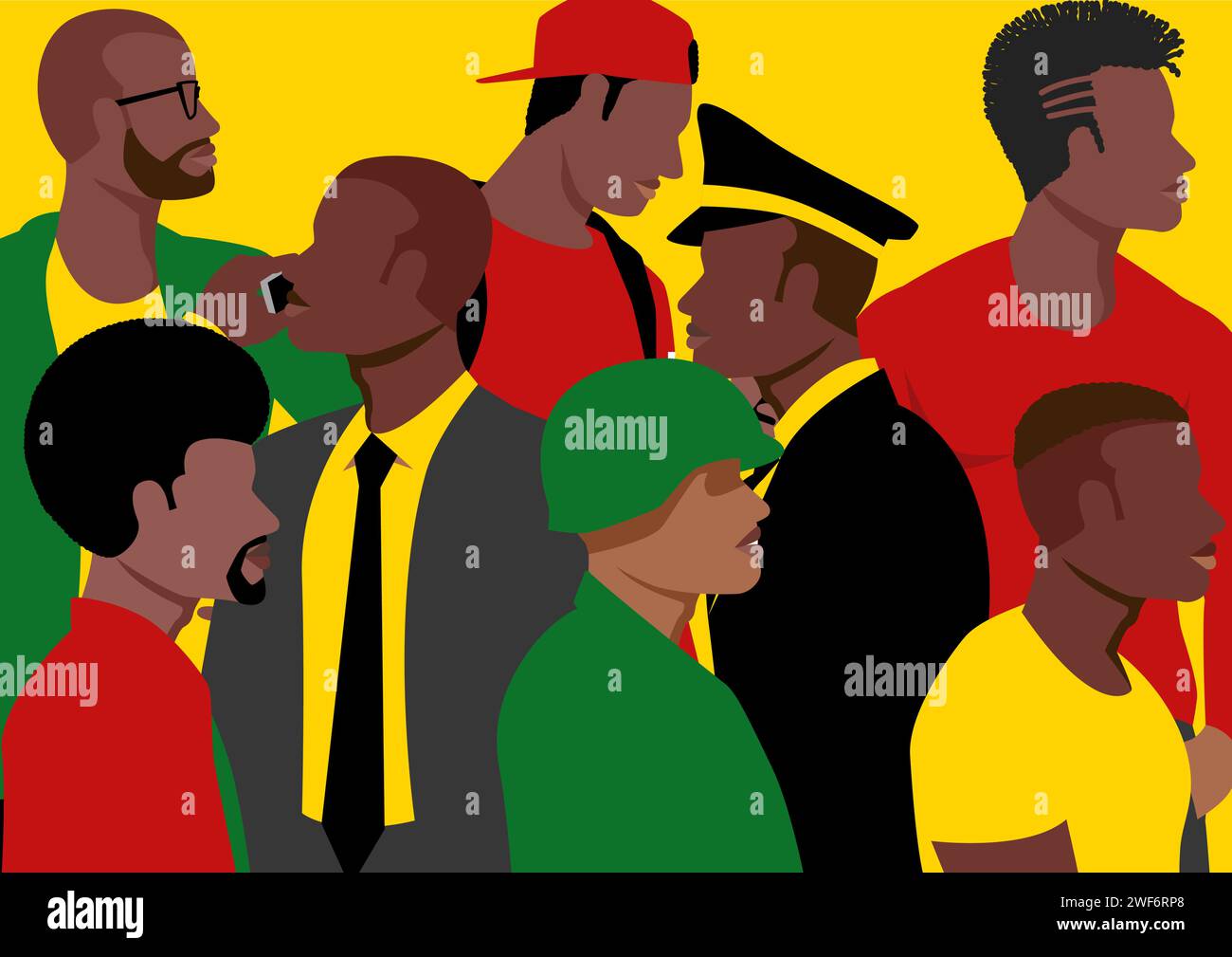 Vibrant colors of black men with diverse faces and occupations ...