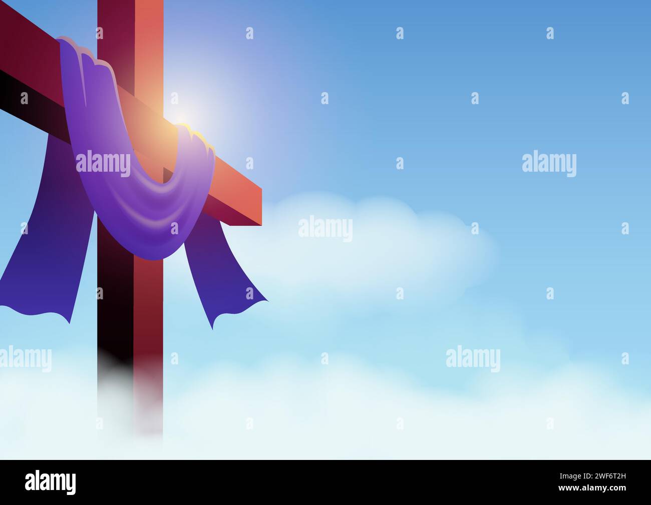 Vector illustration of a cross with purple sash on cloudscape, for good ...