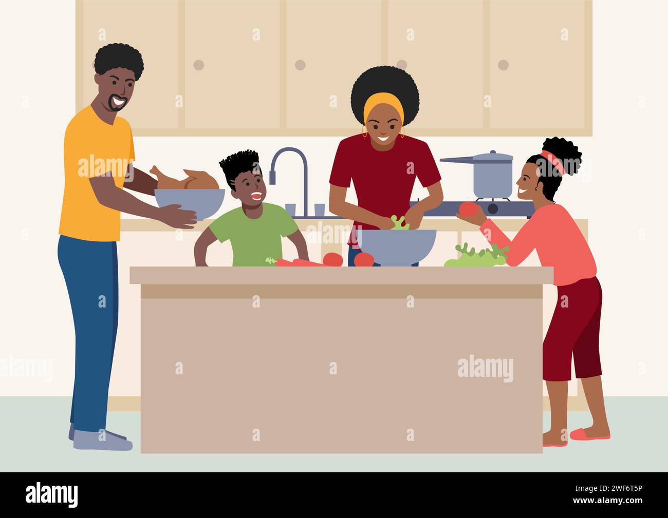 Simple flat vector illustration of happy black family having fun ...
