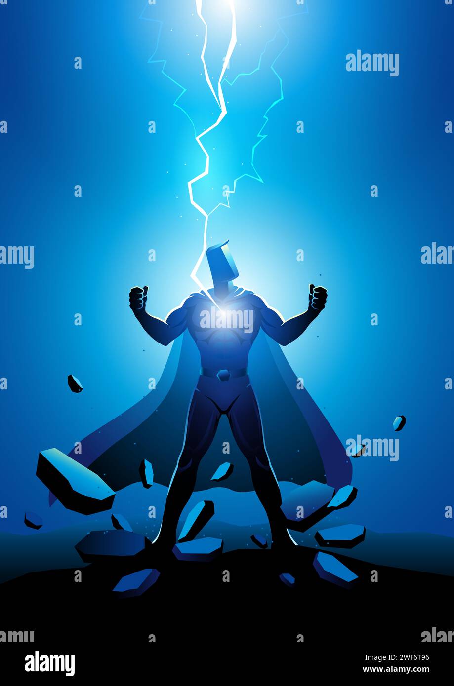 Superhero electrically charged by thunder strike, vector illustration ...