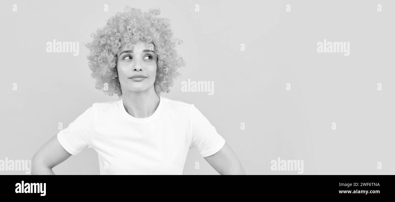 Woman isolated face portrait, banner with copy space. looking up. funny ...