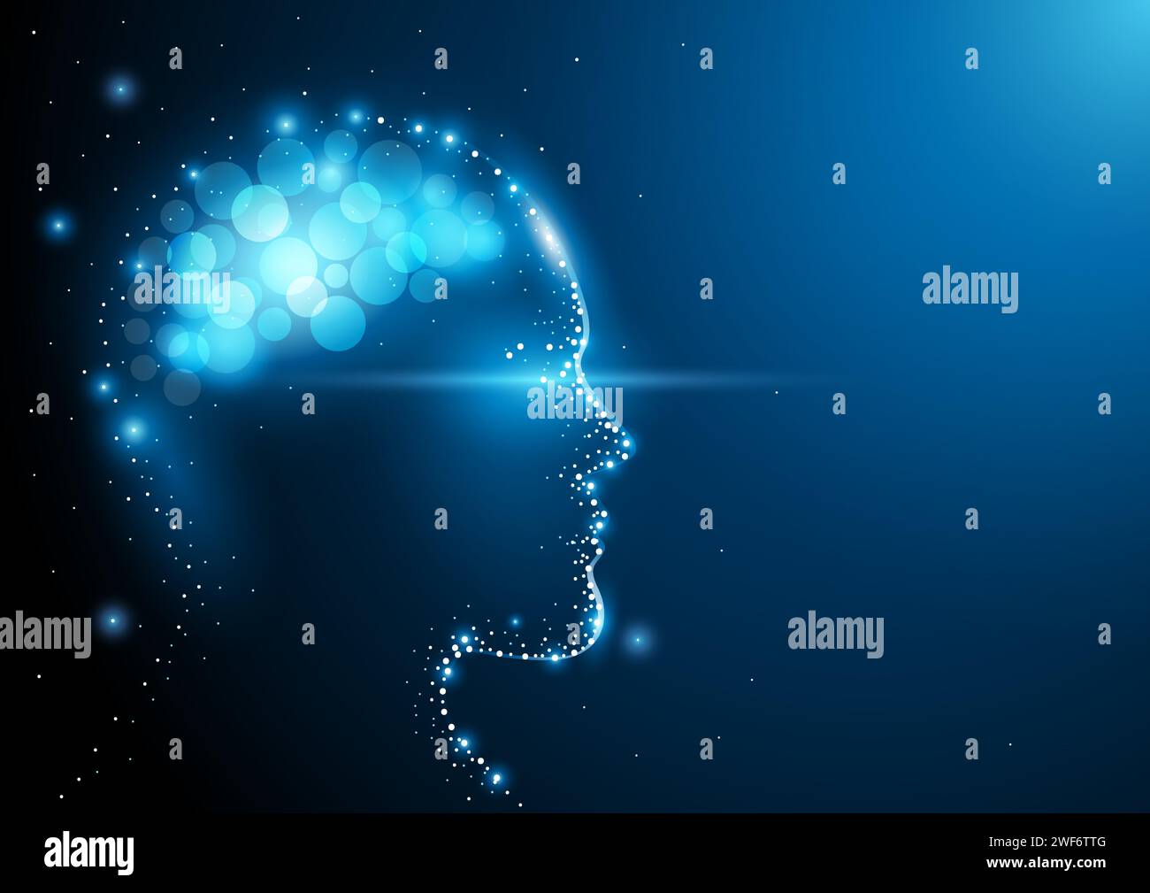 Glowing particles of human face with bright brain, vector illustration ...