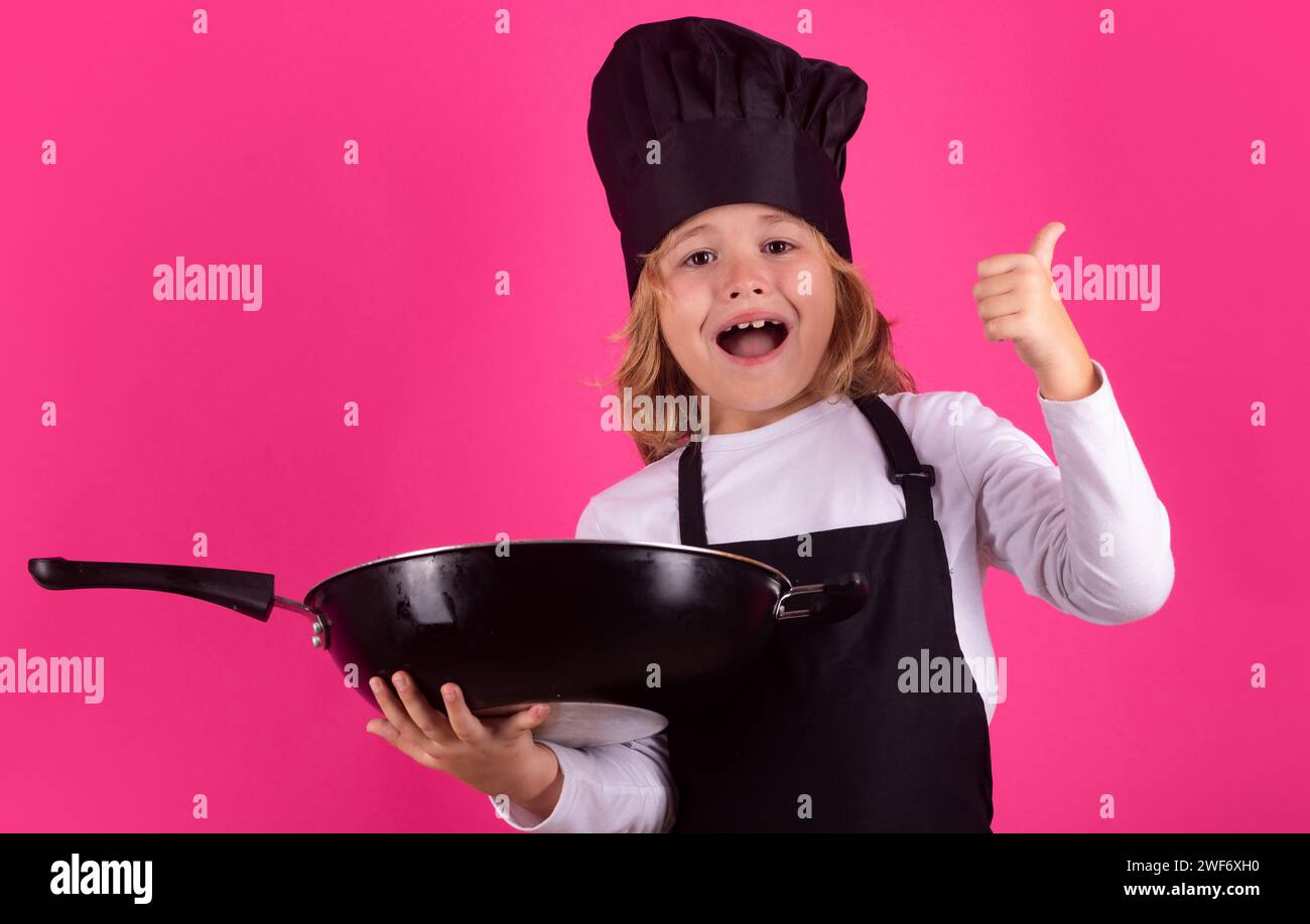 Child chef cook with pan. Kid chef cook, studio portrait. Children ...