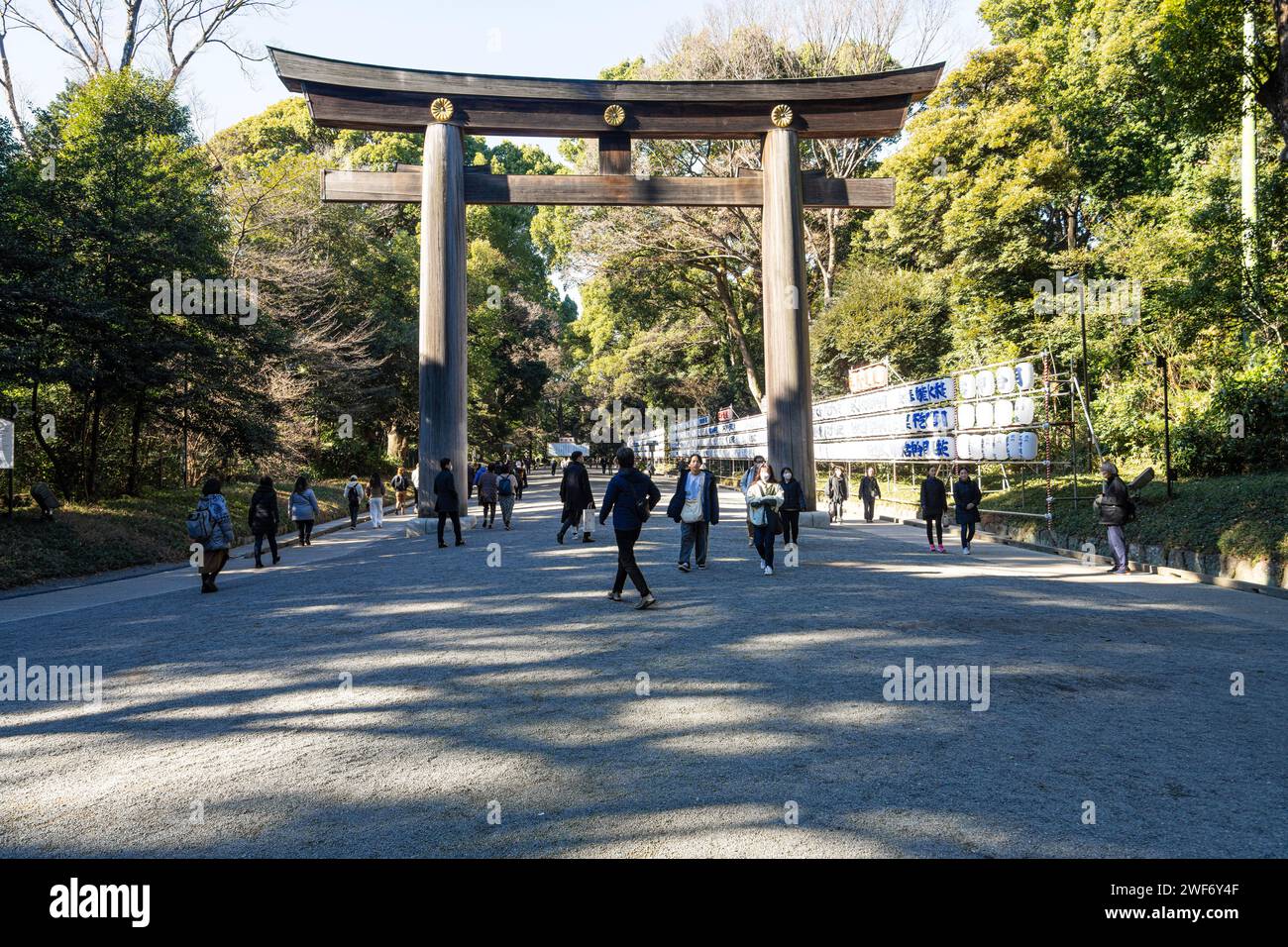 Tokyo, Japan. January 8, 2024. view of the Torii gate at ther entrance ...