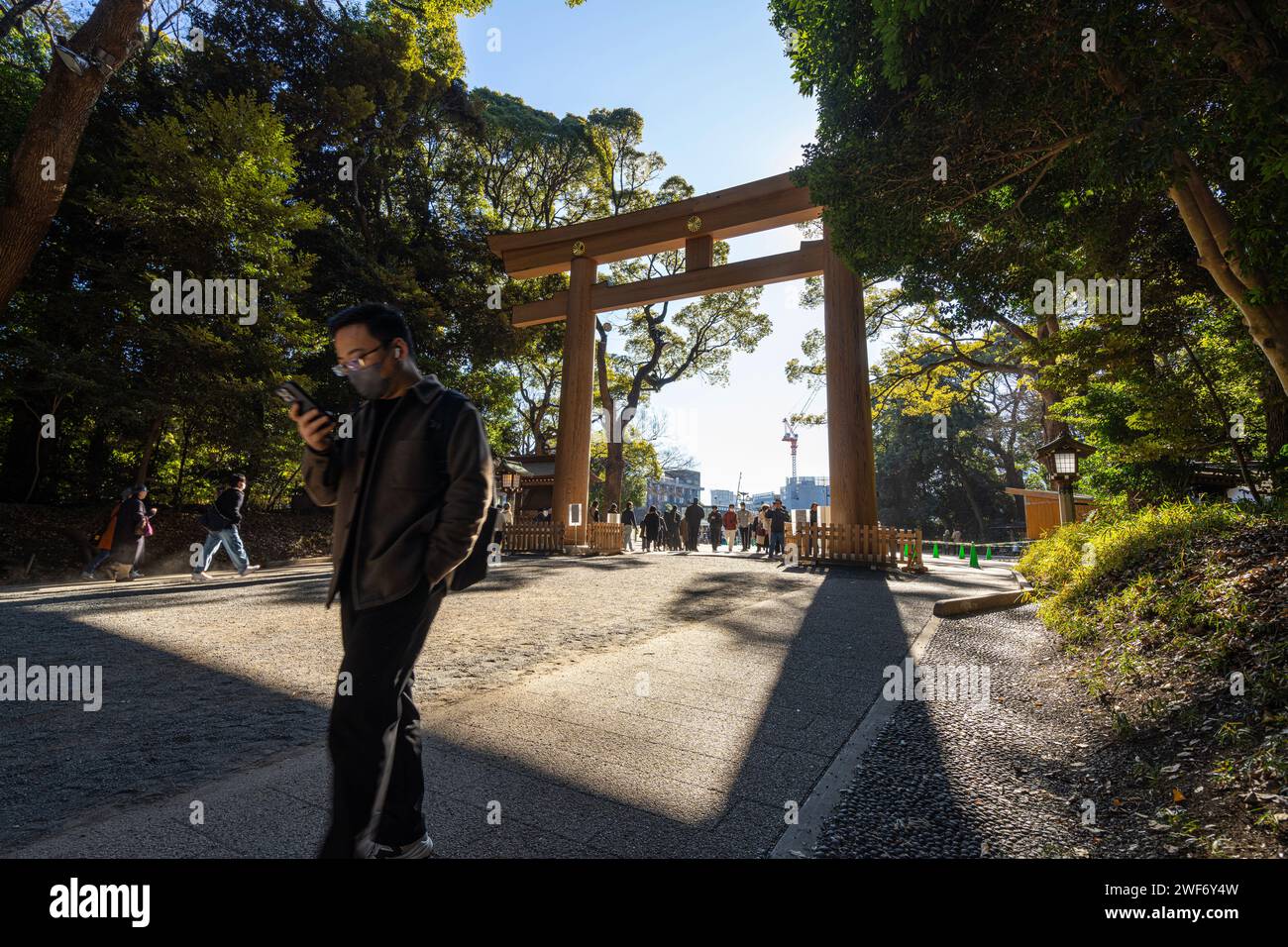 Tokyo, Japan. January 8, 2024. view of the Torii gate at ther entrance ...