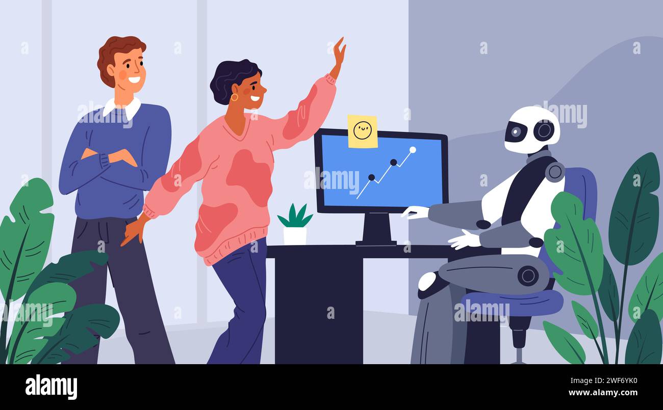 Robot works for people. Office employees go on vacation. Artificial ...
