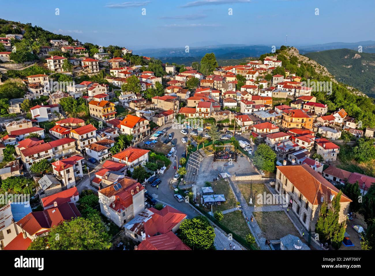 Aerial view of Spilaio, one of the most beautiful Greek mountainous villages. Grevena, West ...