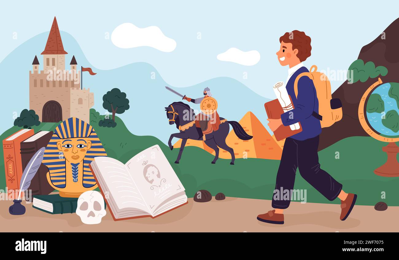 History lesson. Young student on knowledge path. Ancient civilizations ...