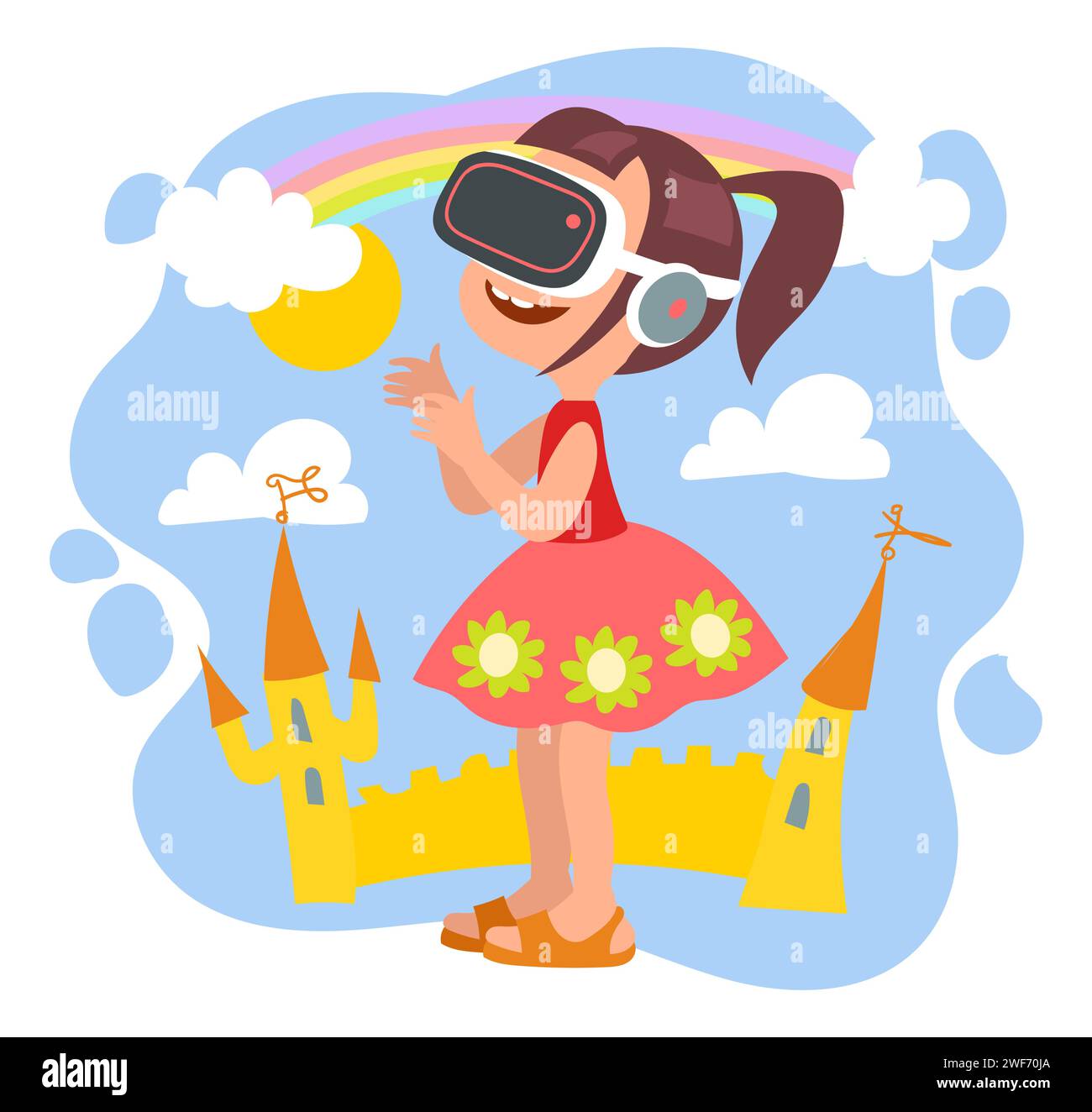 Kids virtual reality. Happy girl with VR glasses. Innovation augmented ...