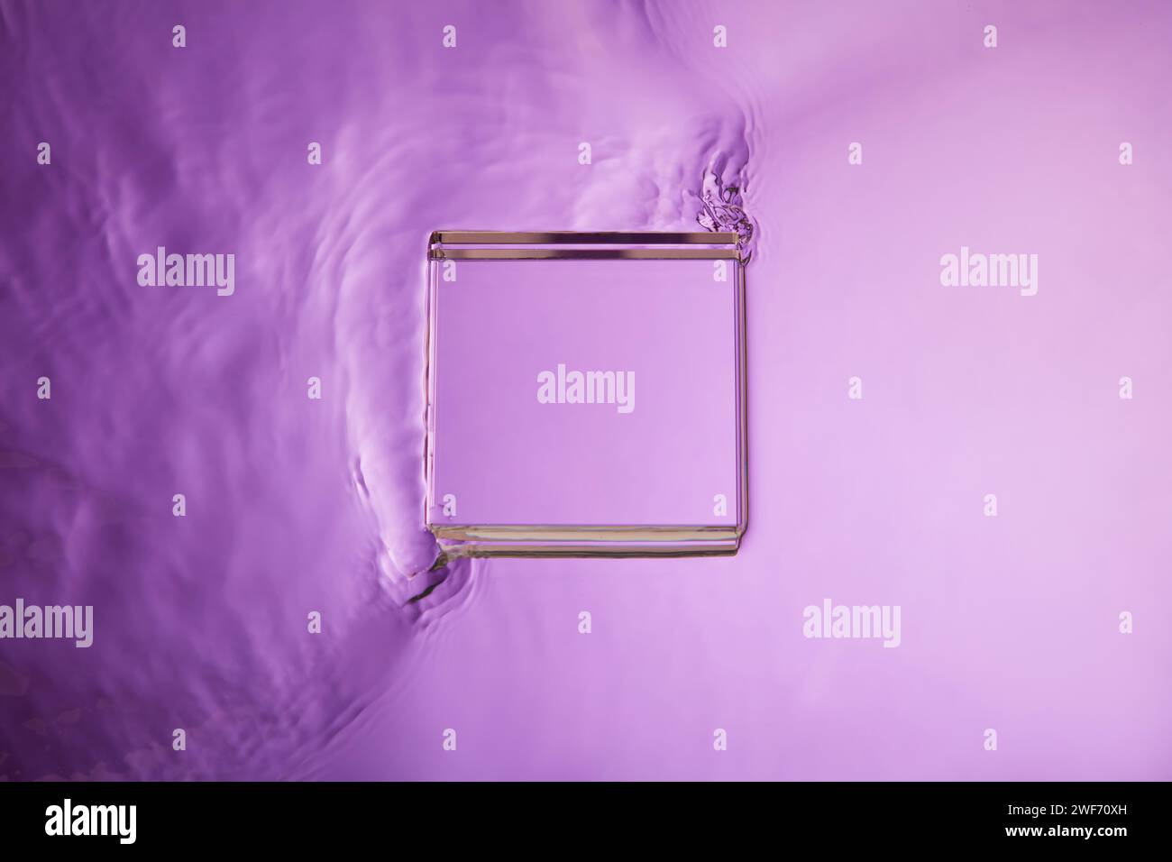 Empty transparent square podium on transparent clear calm purple water ...