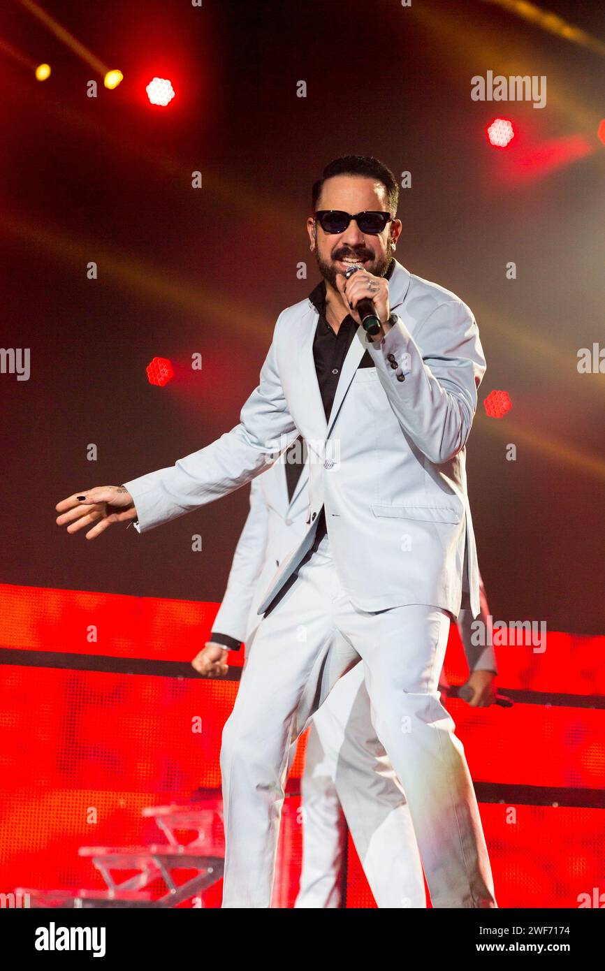 AJ McLean singing vocals and looking at the camera at the Backstreet ...