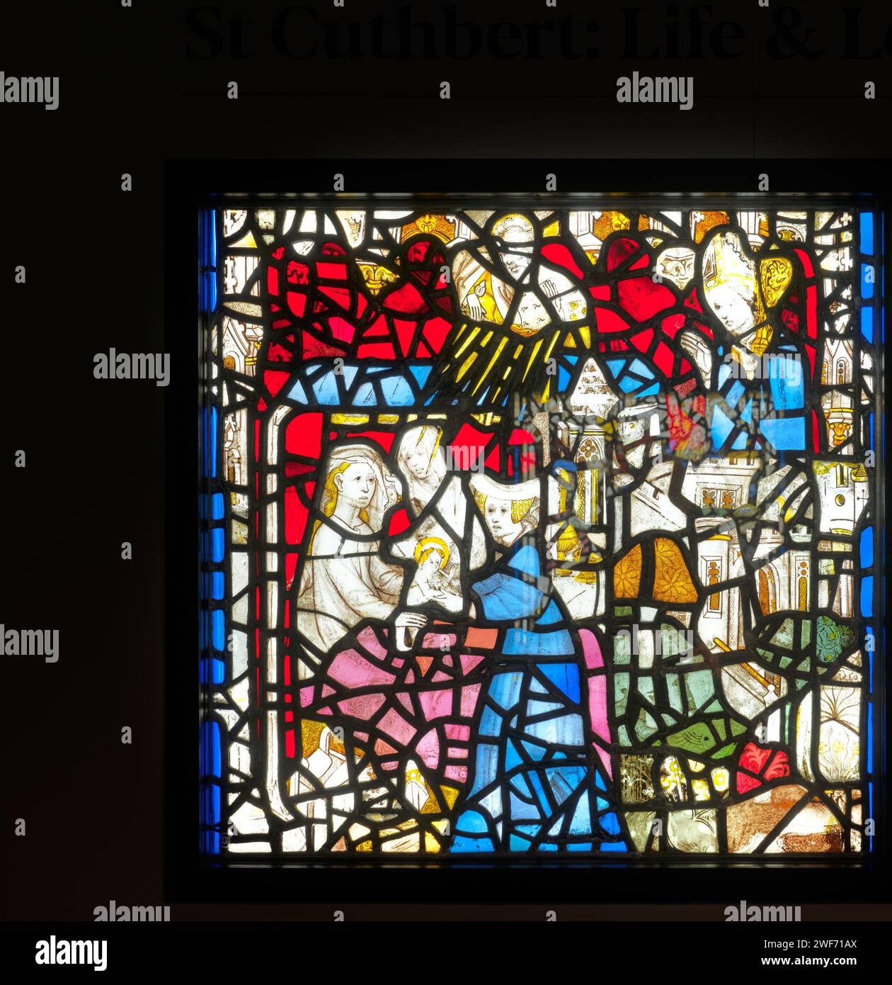 Scene, of the birth of Saint Cuthbert, on the medieval stained glass ...