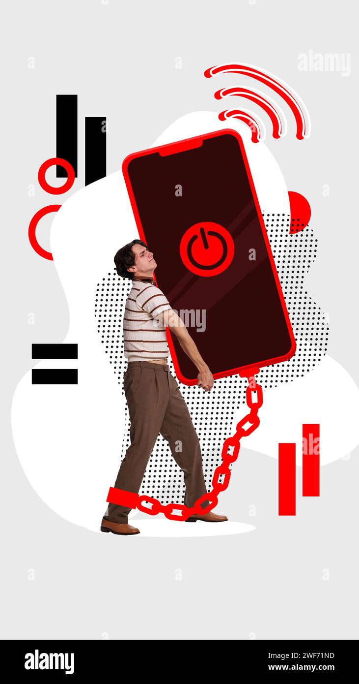 Modern aesthetic artwork. Young guy, man chained to huge red phone with ...
