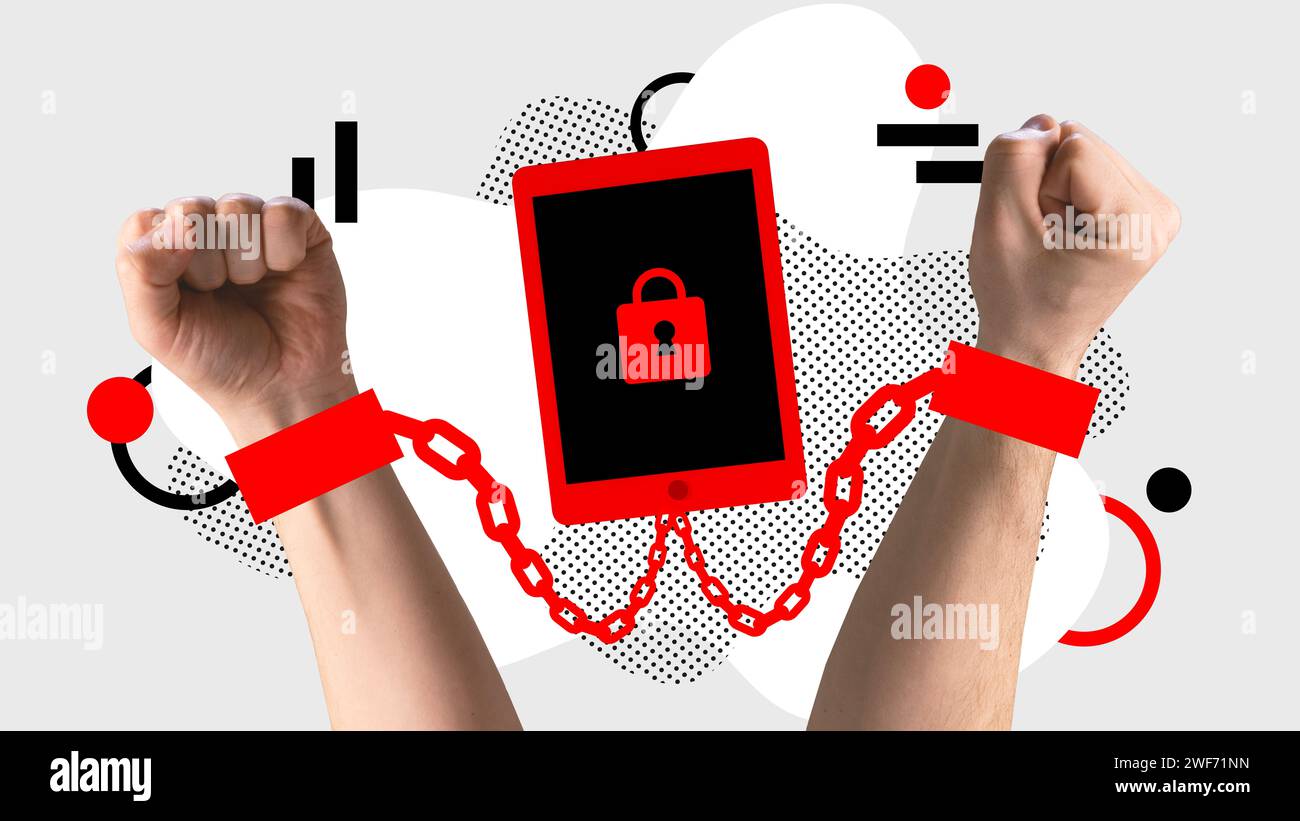 Contemporary art collage. Hands handcuffed to a modern smartphone ...