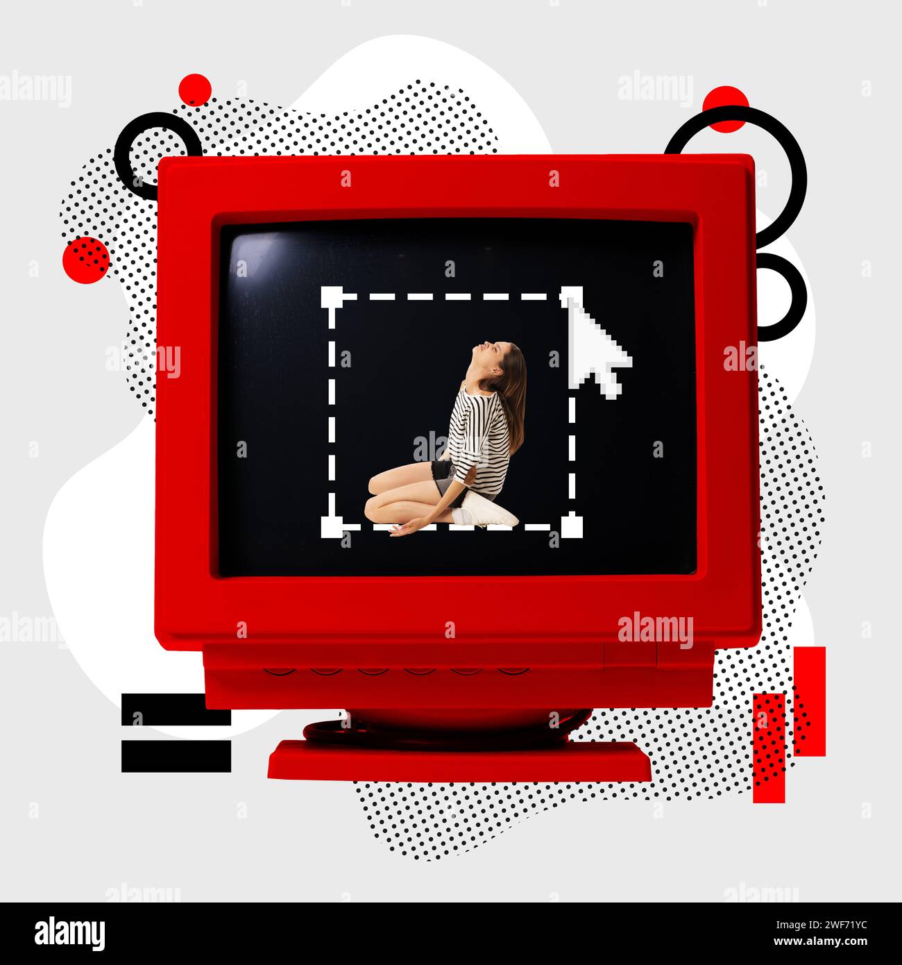 Modern aesthetic artwork. Girl upset because she stuck in red retro ...