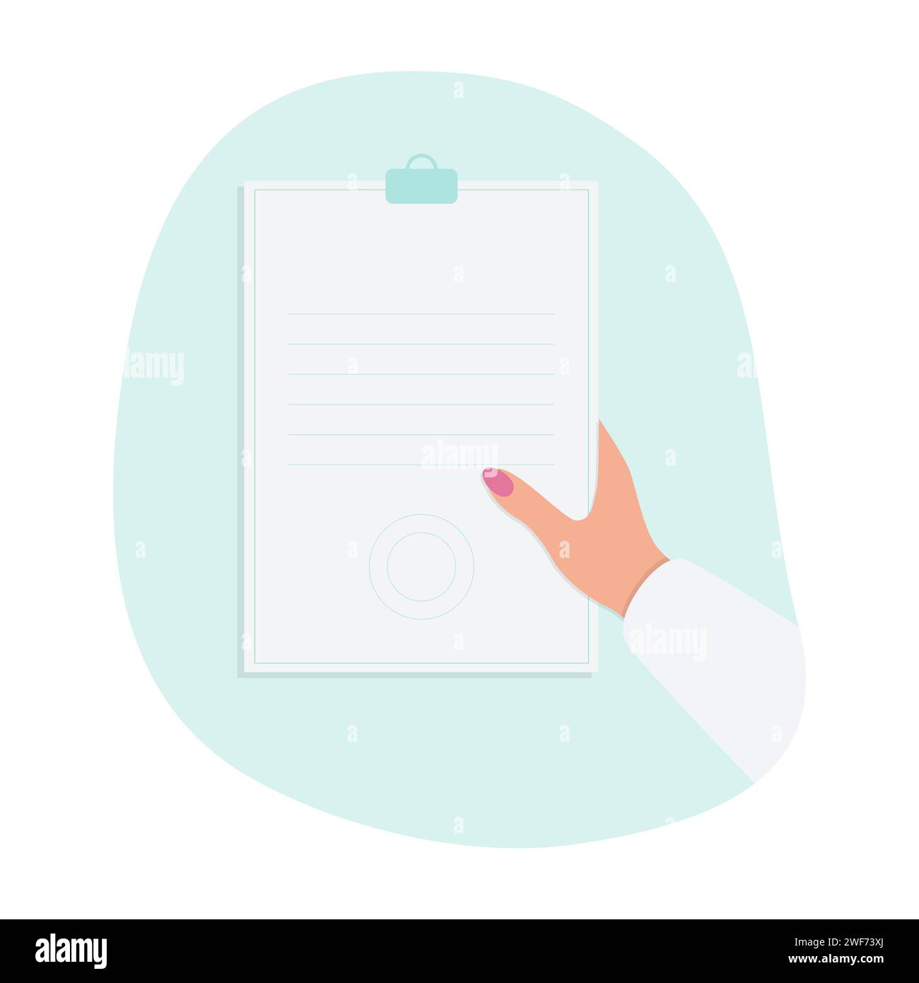 Hand of man in medical gown holds white tablet with lined sheet and ...